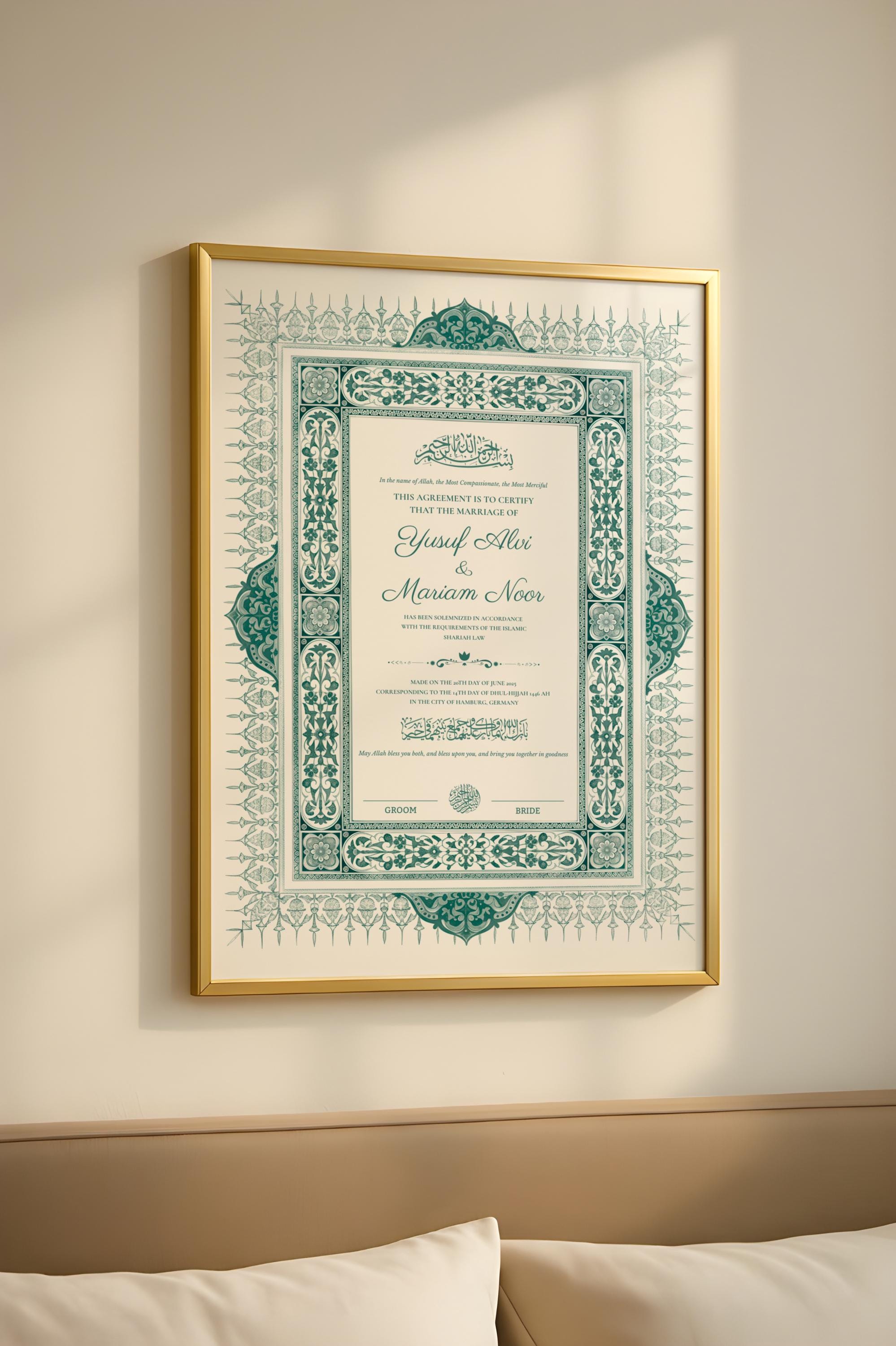 Green Ottoman Ornate Border Nikkah Certificate, Personalized Editable ...