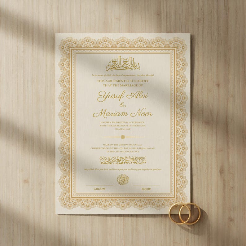 Golden Floral Border Luxury Islamic Nikkah Certificate, Personalized ...