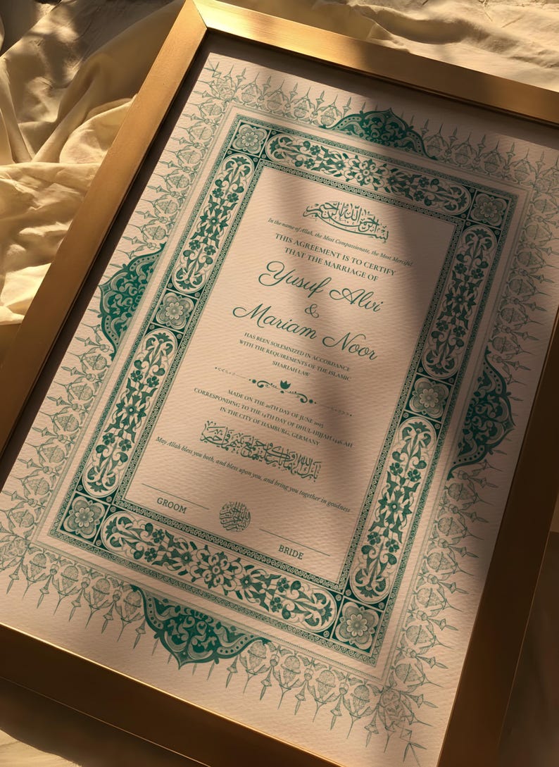 Green Ottoman Ornate Border Nikkah Certificate, Personalized Editable ...