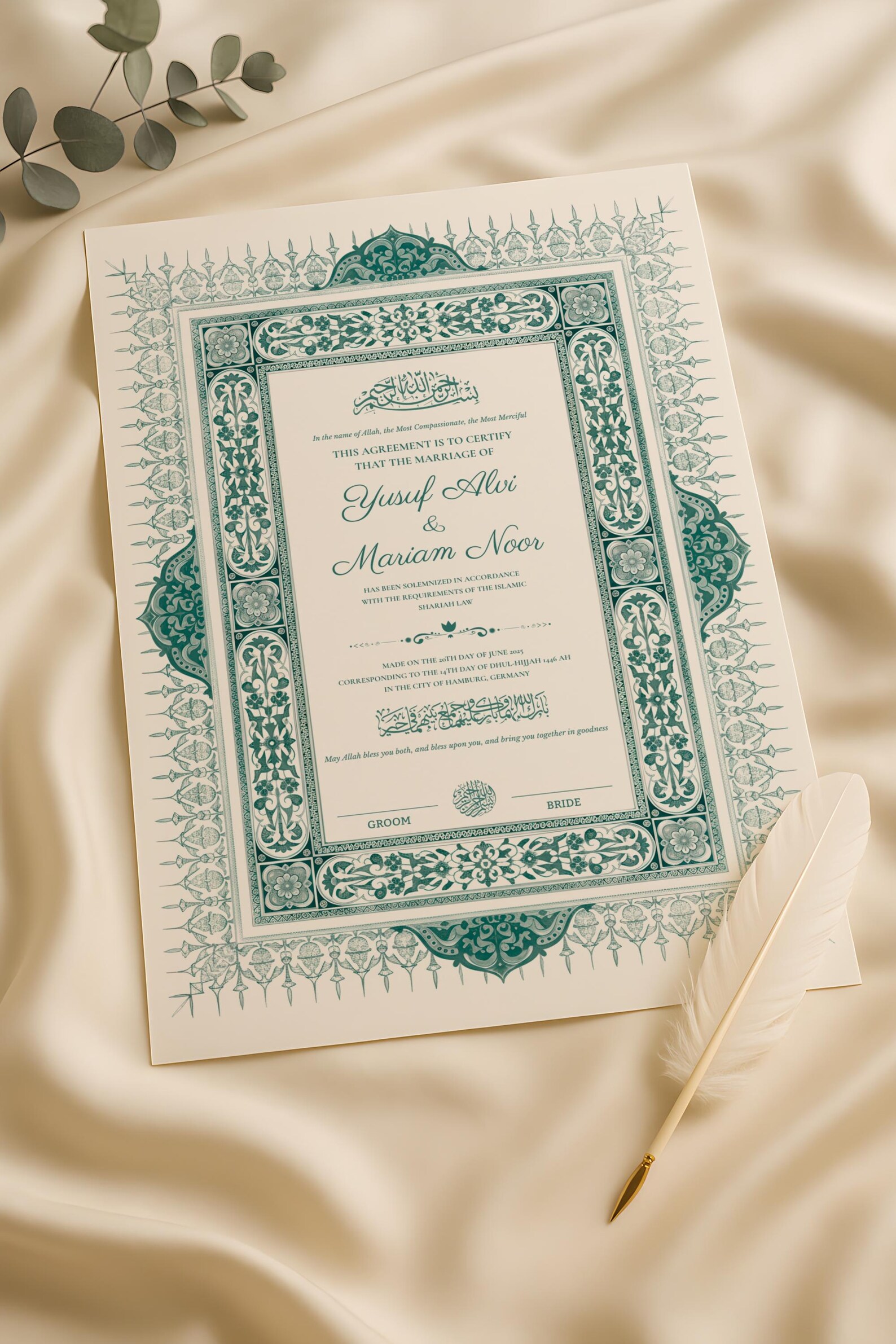 Green Ottoman Ornate Border Nikkah Certificate, Personalized Editable ...