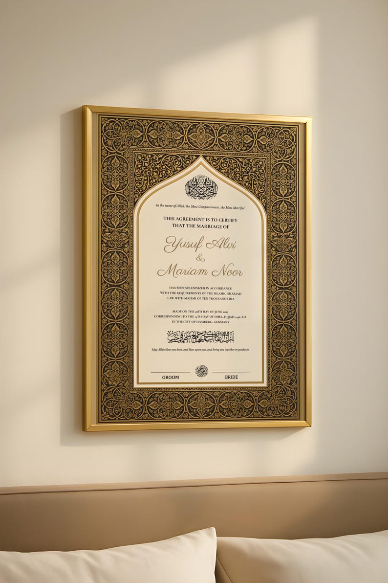 Islamic Dark Gold Nikkah Certificate, Personalized Nikah Nama Template ...