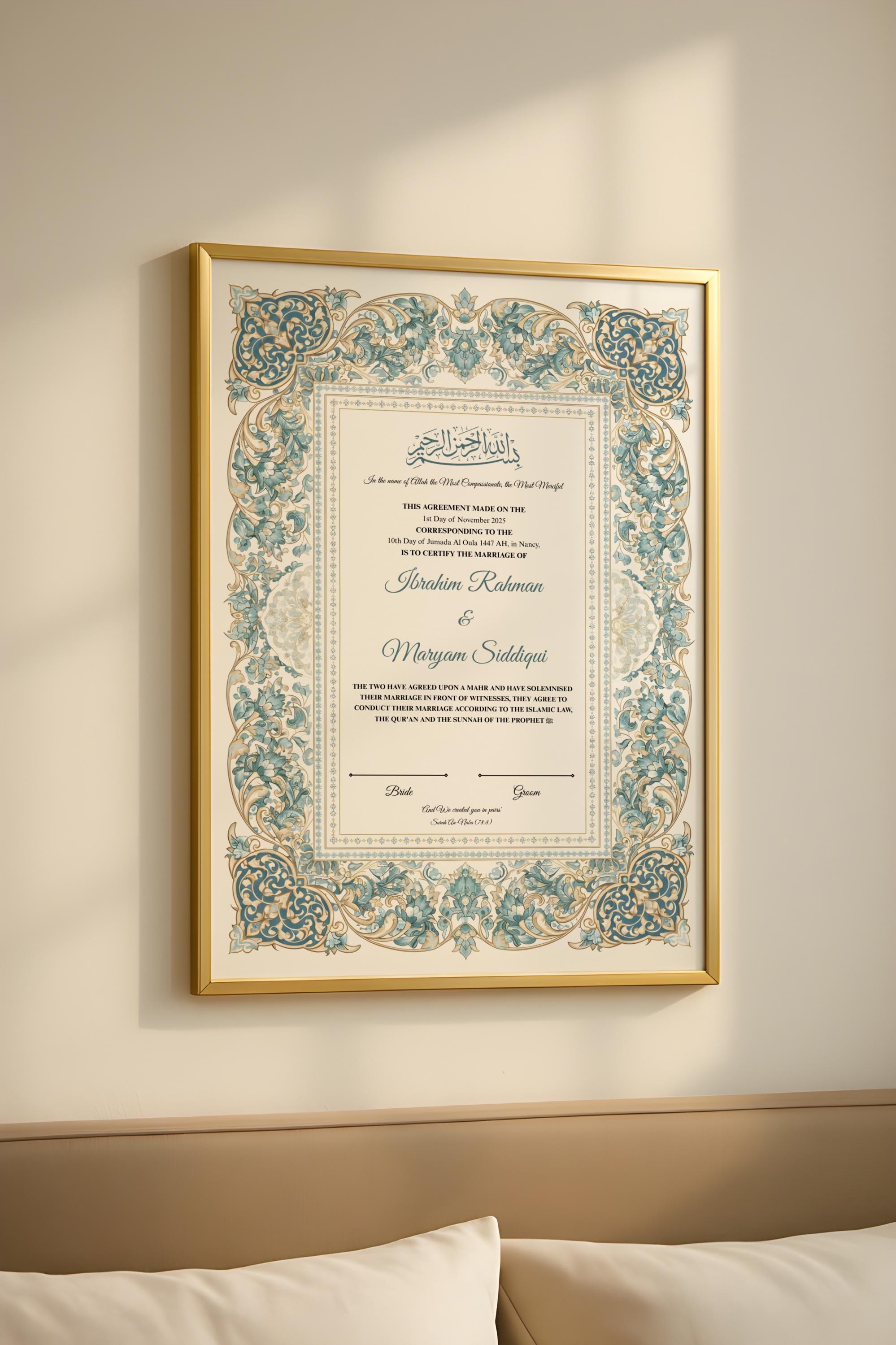 Diamond Blue Floral Border Islamic Nikkah Certificate, Personalized ...