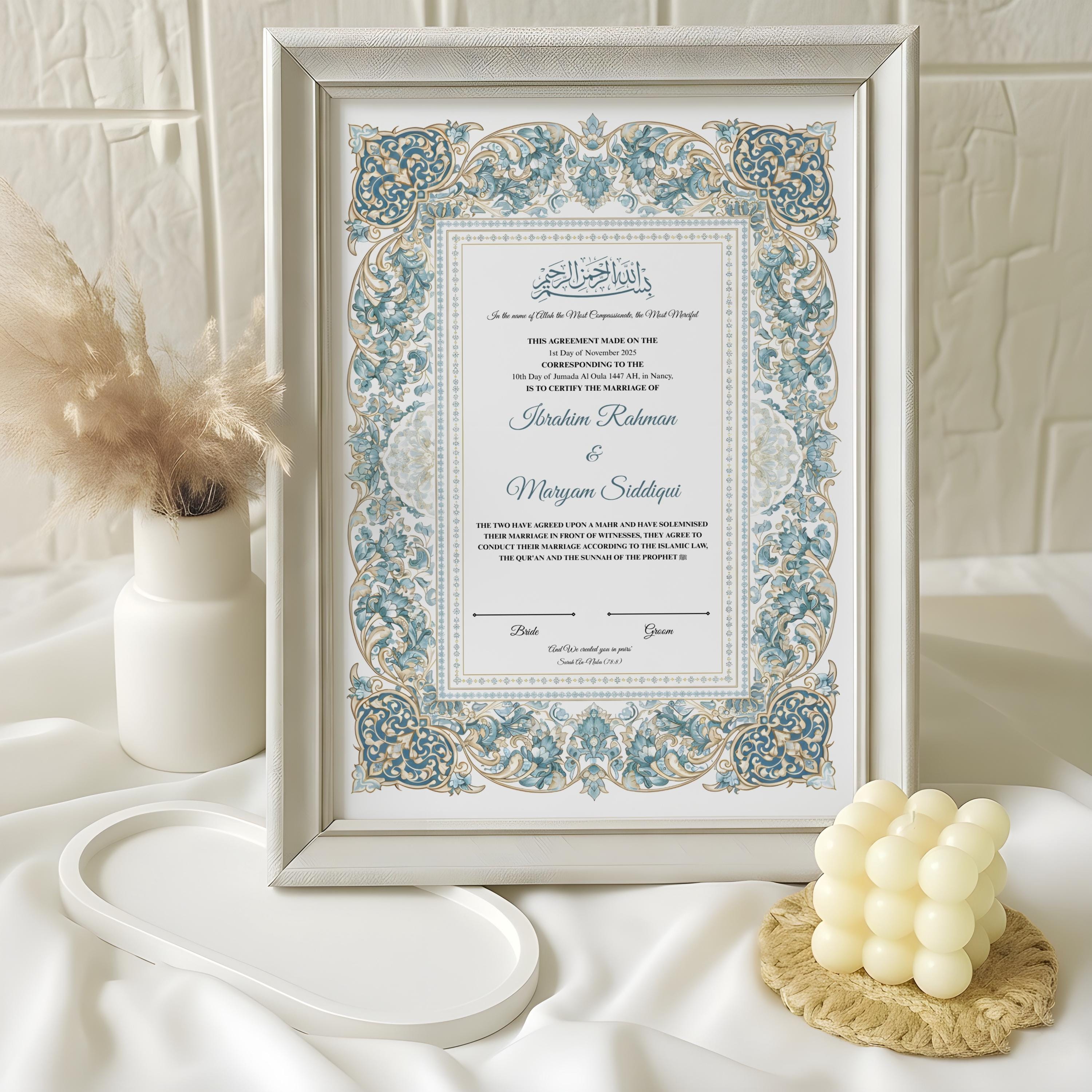 Diamond Blue Floral Border Islamic Nikkah Certificate, Personalized ...