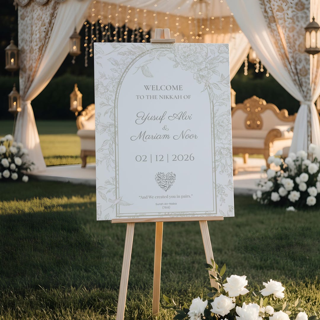 White Floral Islamic Welcome to Wedding Sign, Muslim Nikkah Editable ...