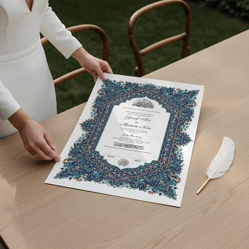 Blue Floral Nikkah Certificate, Personalized Ottoman Nikah Nama ...