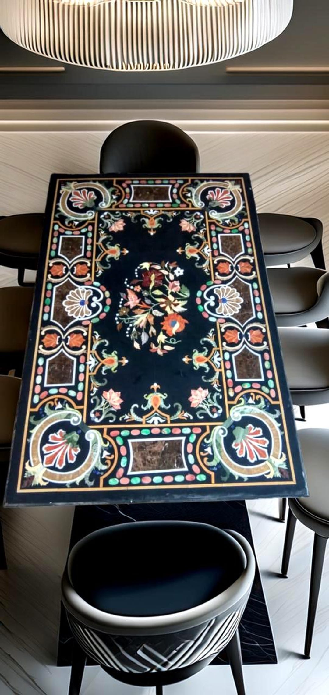 Black Marble Pietra Dura Dining Table Top | Handmade Stone Inlay Floral ...