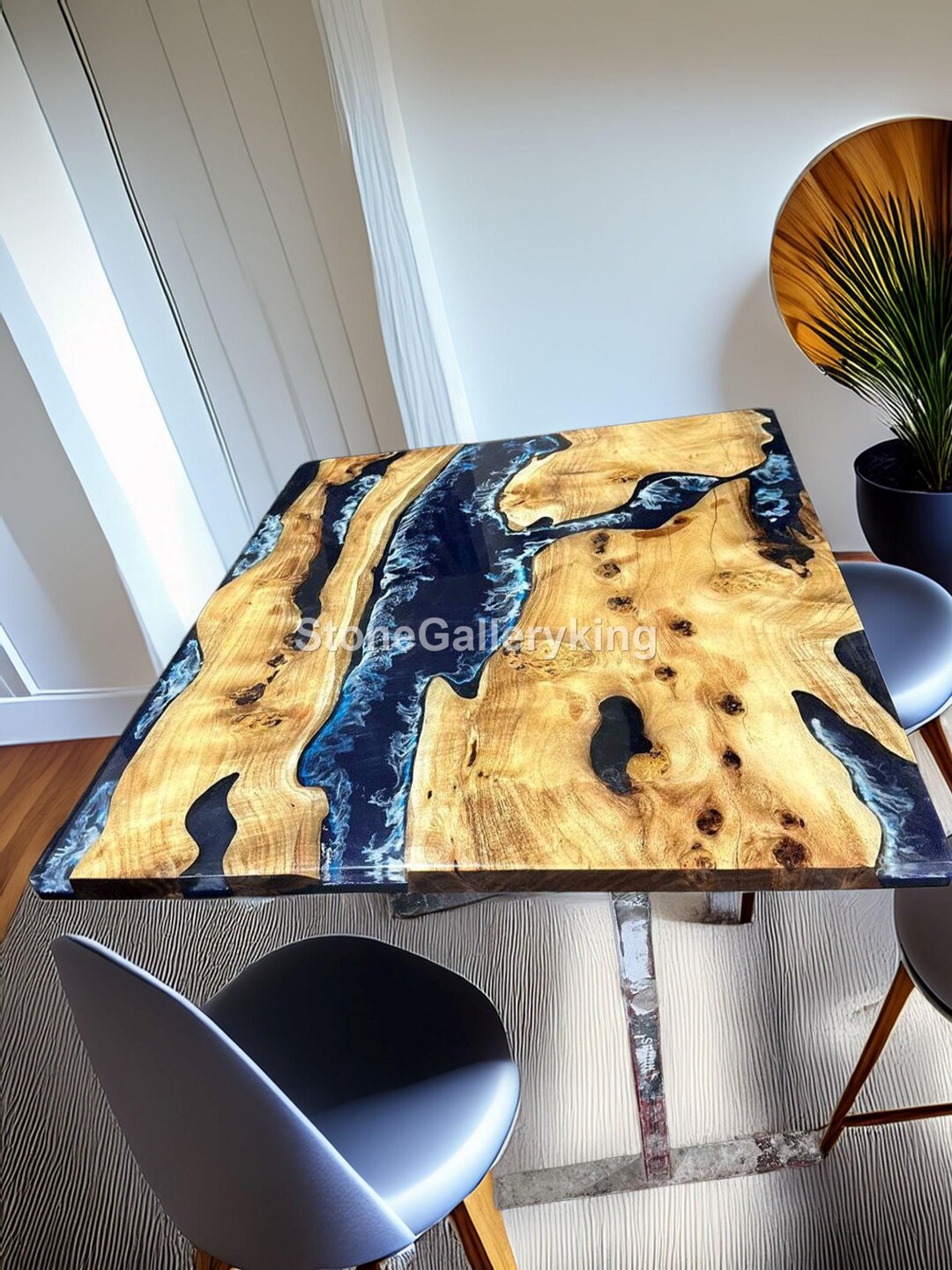 Handmade Black & Blue Epoxy Resin River Table – Live Edge Wood Dining ...