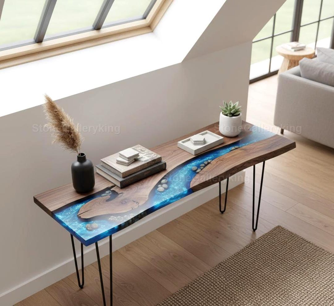 Ocean Blue Epoxy Resin Console Table Live Edge Walnut & | Handmade ...