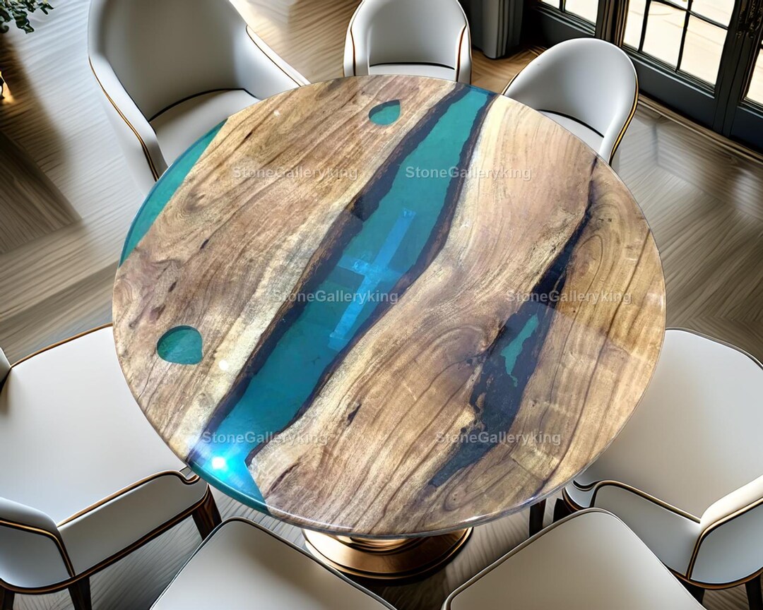 Round Wood & Teal Epoxy Resin Tabletop | Handmade River Design Dining ...