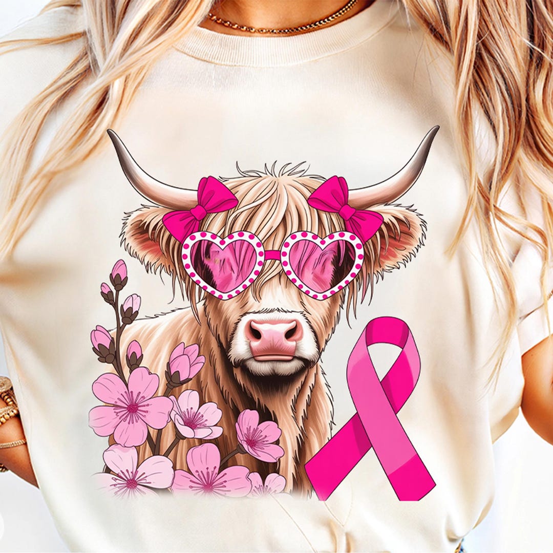 Pink Ribbon Highland Cow PNG: Breast Cancer Awareness Design (digital ...