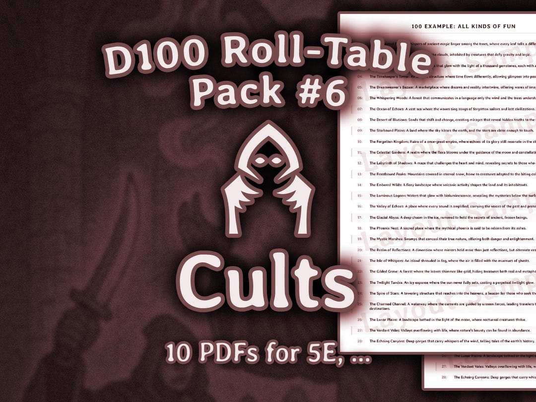 Pack #6: Cults | D100 Roll-table | D100 Roll-chart | D100 List ...