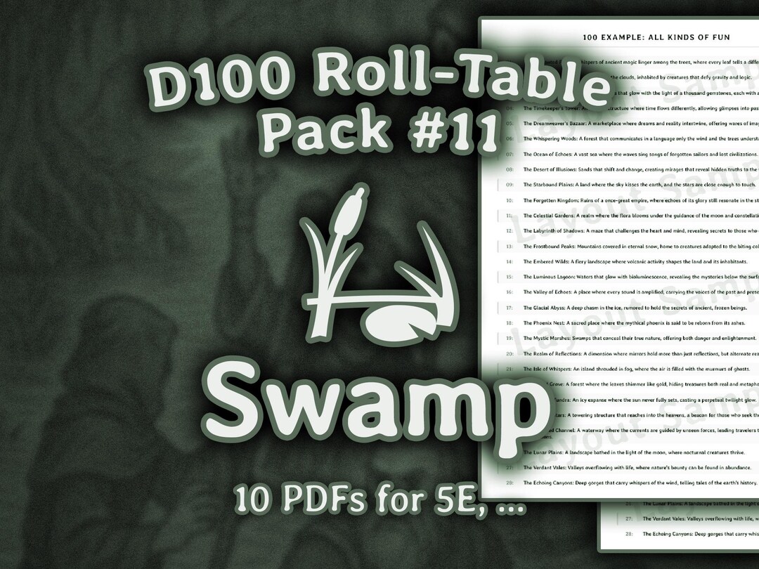 Pack #11: Swamp | D100 Roll-table | D100 Roll-chart | D100 List ...