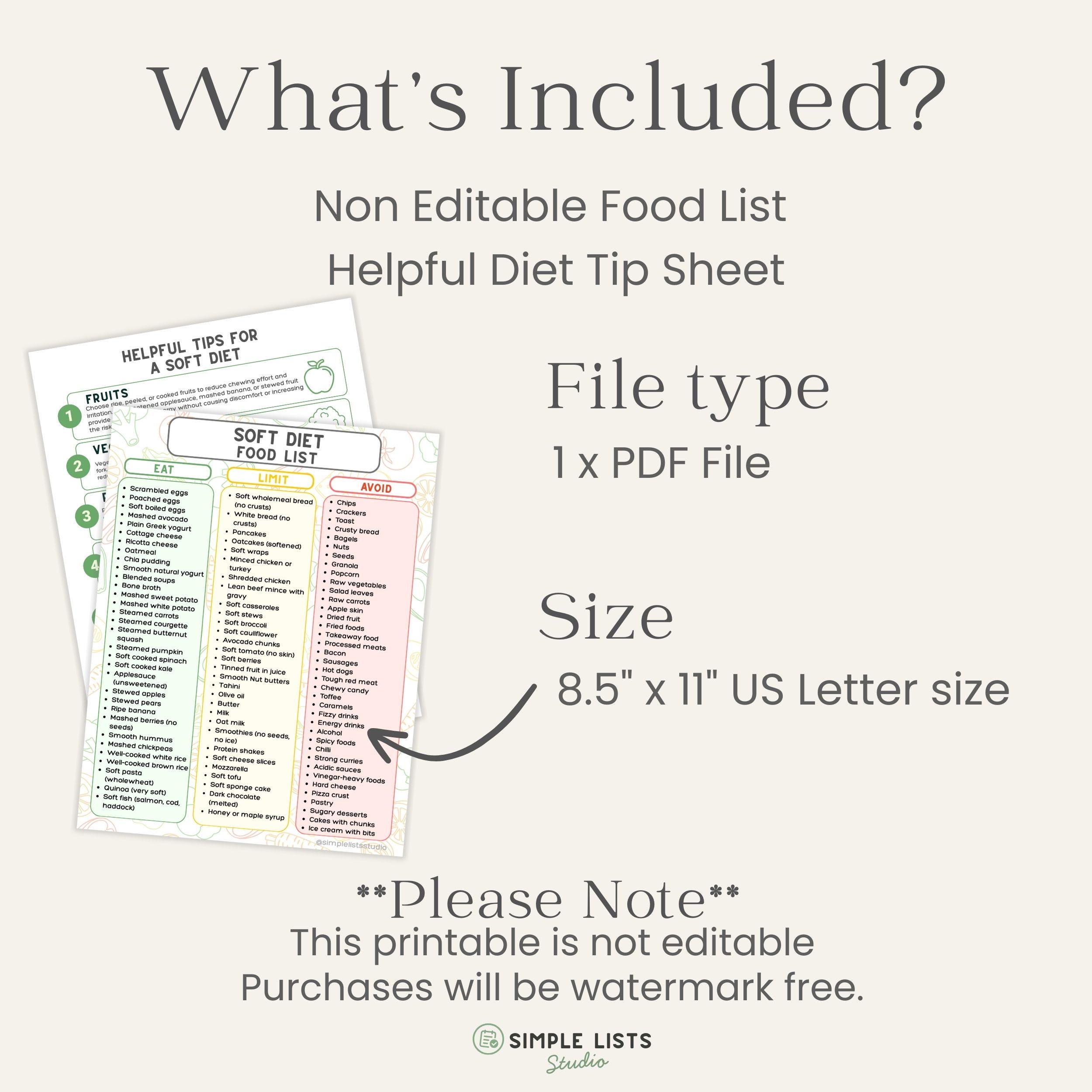 Soft Diet Food List Printable, Easy to Chew Foods Chart, Eat Limit ...