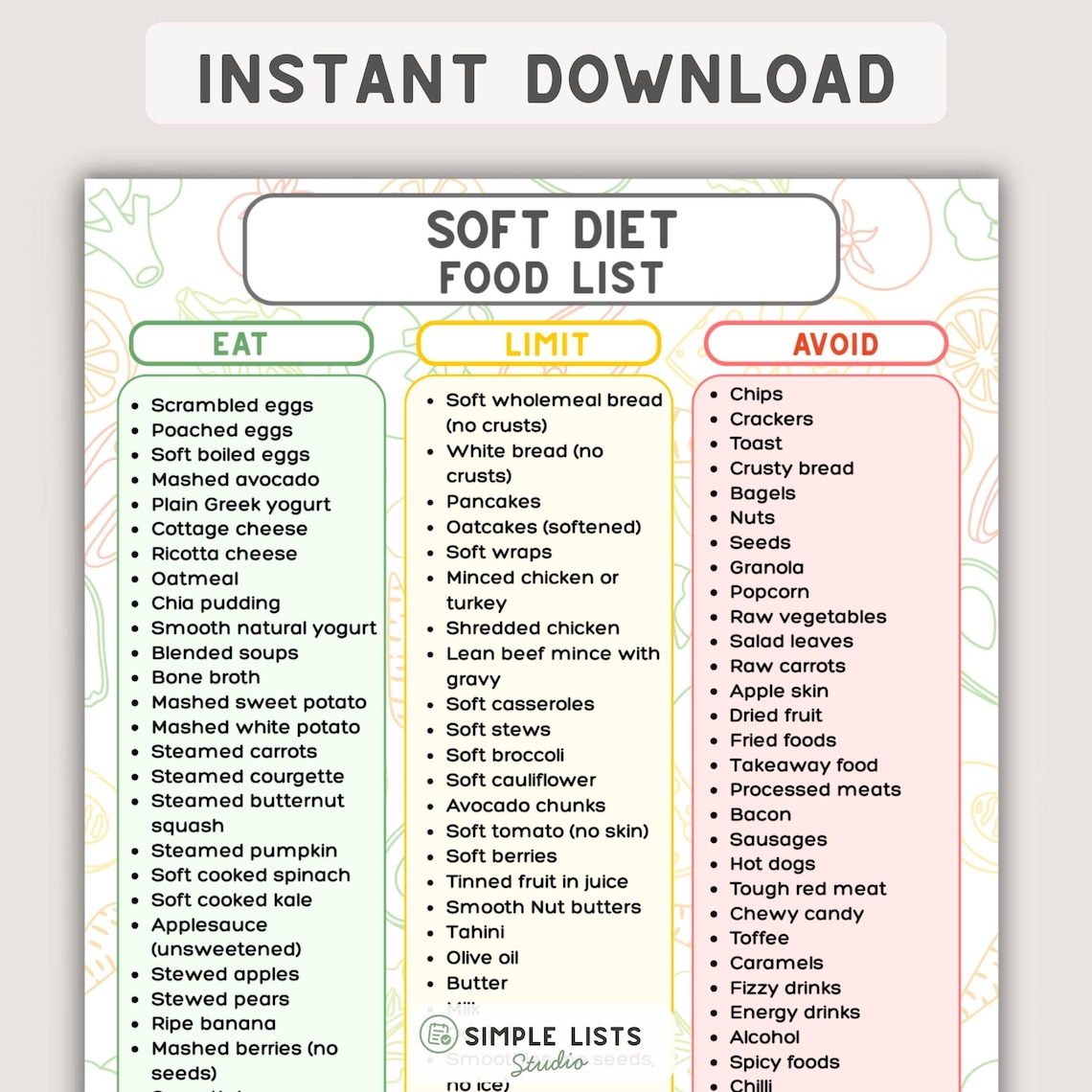 Soft Diet Food List Printable, Easy to Chew Foods Chart, Eat Limit ...