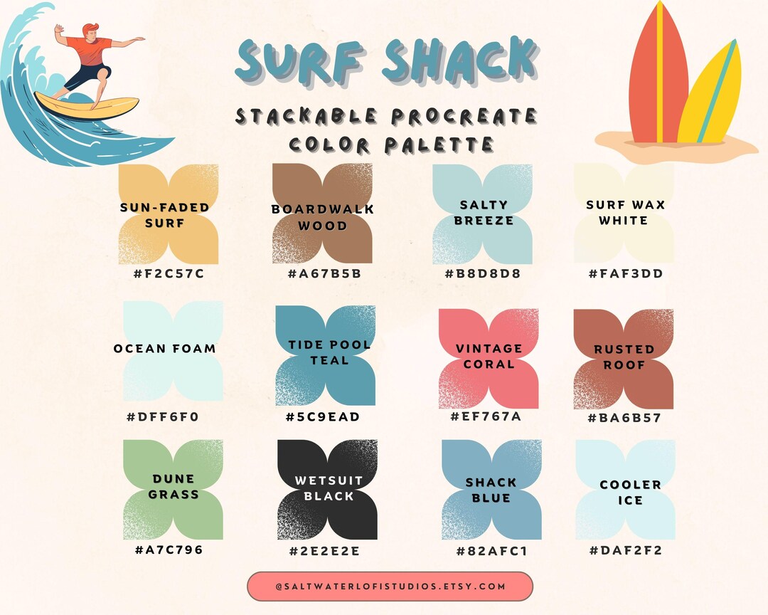 Surf Shack Procreate Color Palette: 12 Coastal Tones, Retro Swatches ...
