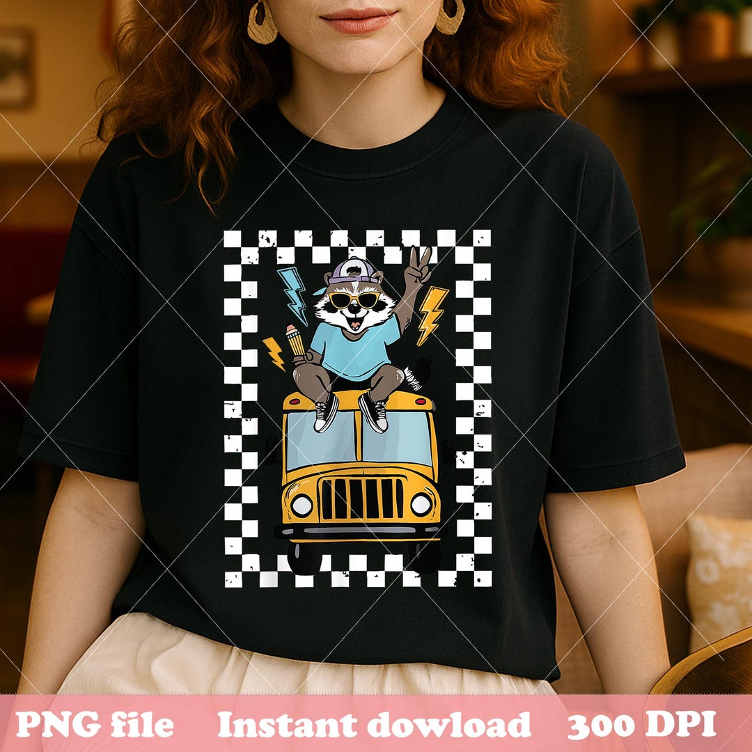 Cool Raccoon Back to School PNG, First Day School Bus Sublimation ...