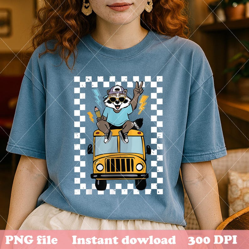 Cool Raccoon Back to School PNG, First Day School Bus Sublimation ...