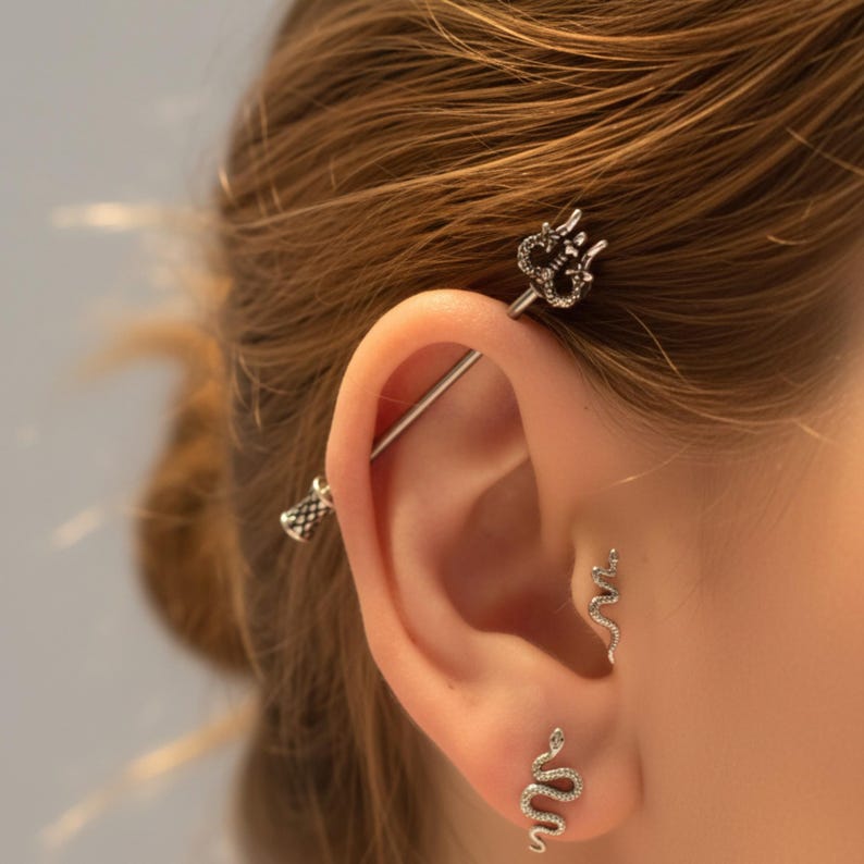 Gothic 14G Dragon & Fork Industrial Barbell, Surgical Steel, Cartilage ...