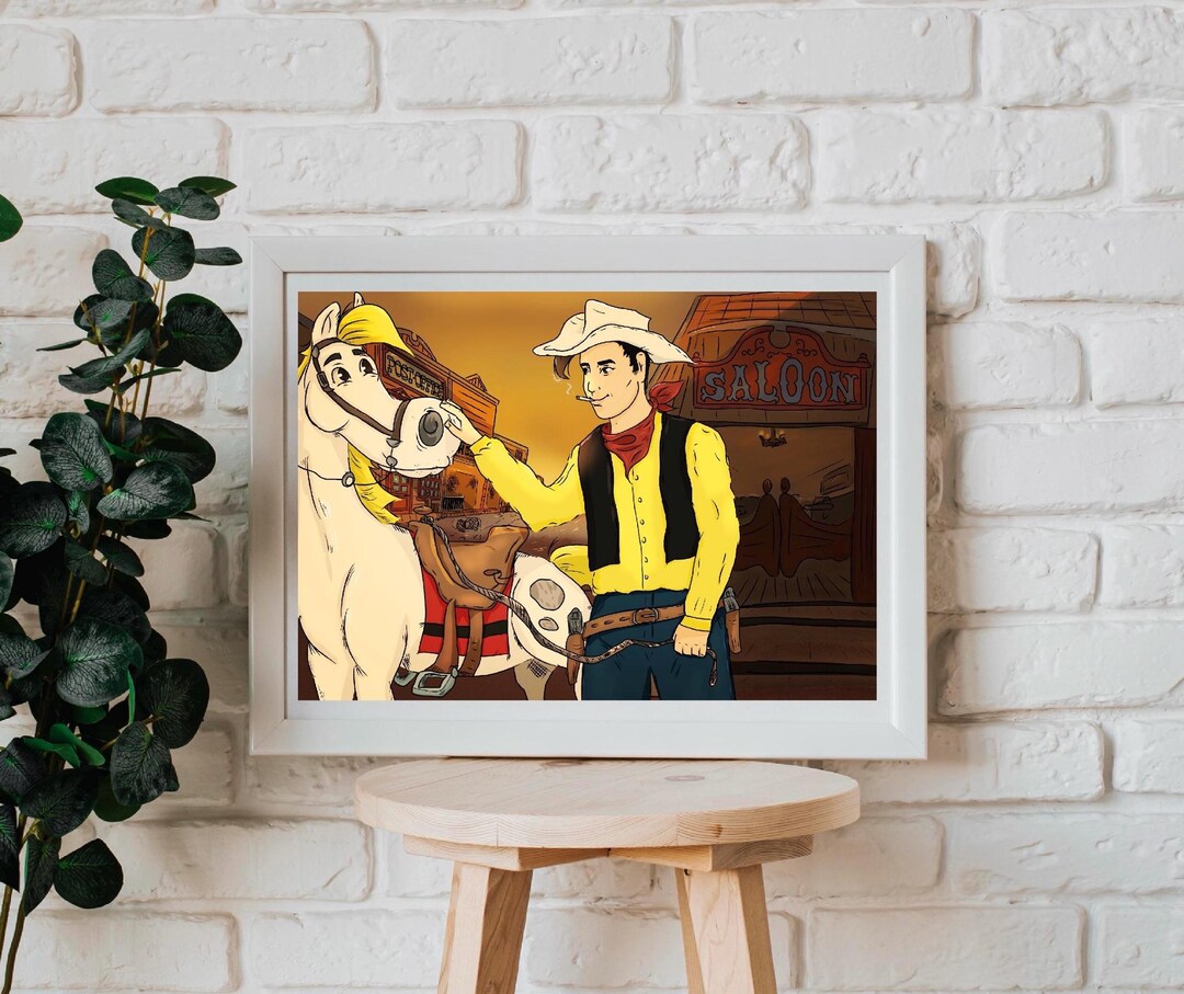 Lucky Luke Cowboy Art Print | Western Wall Art | Horse & Saloon ...
