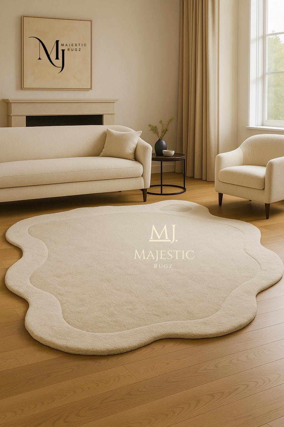 Modern Cream Wavy Edge Rug – Soft Neutral Abstract Area Carpet for ...