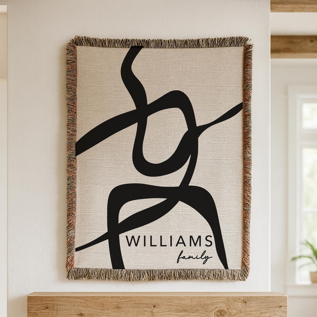 Personalized Woven Throw, Modern Line Art Tapestry, Custom Family Name ...