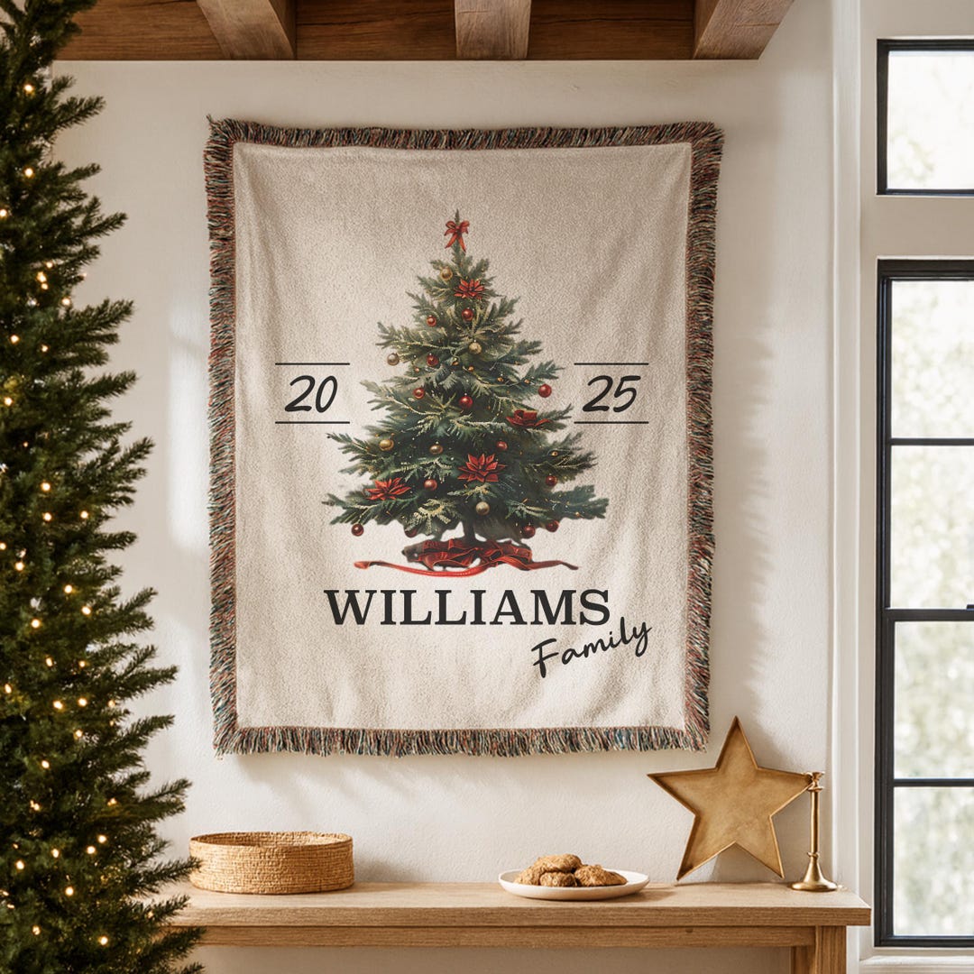Personalized Christmas Tree Woven Blanket, Custom Family Name Throw ...
