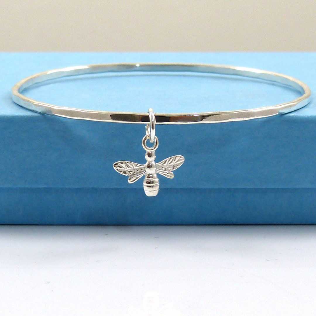 Silver Bee Bangle, Silver Bee Bracelet, Bumble Bee Charm, Sterling Silver Bee Bracelet, 925 Bee ...