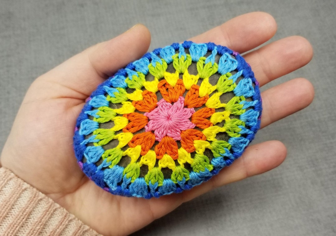 Mandala Stone, Crocheted Stone, Hand Crocheted Polished Rock, Colorful ...