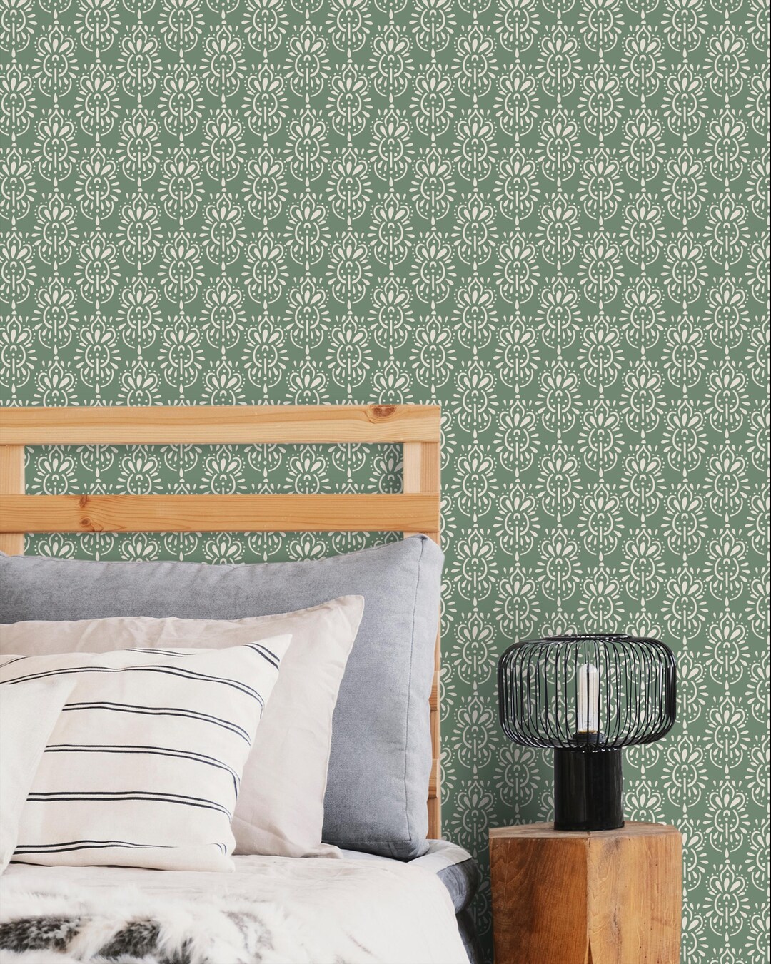 Green Damask Wallpaper Vintage Elegant Wall Decor Peel And Stick