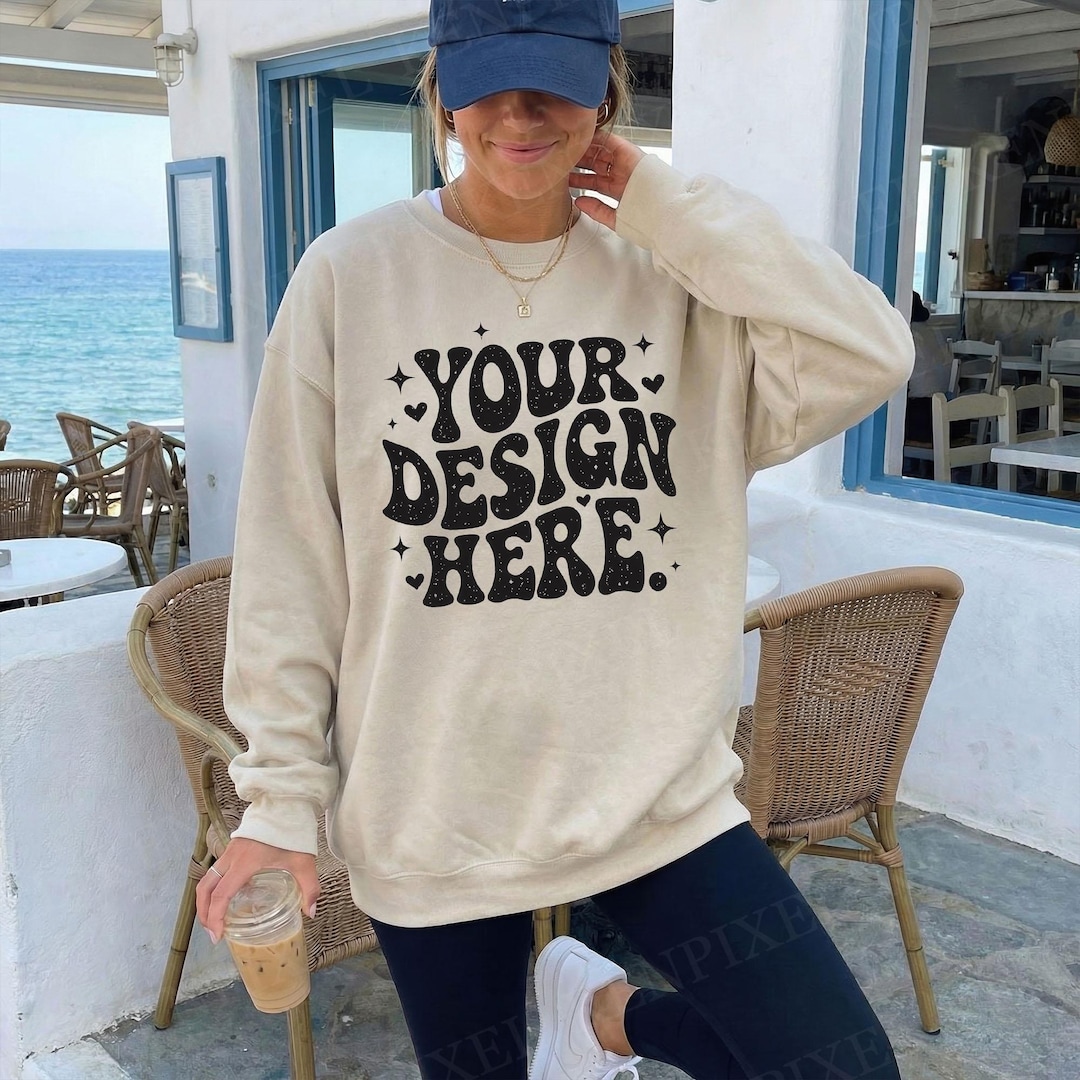 Gildan 18000 Sand Sweatshirt Mockup, Coastal Cafe Model Lifestyle ...