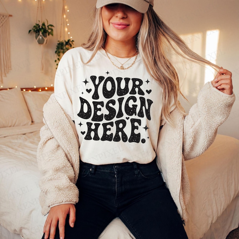 Comfort Colors 1717 Sand Shirt Mockup | Cozy Bedroom Lifestyle | Model ...