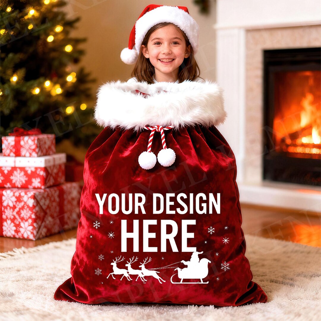 Red Velvet Santa Sack Mockup Christmas Gift Bag With Girl | Holiday ...