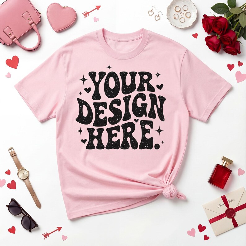 Gildan 5000 Light Pink Shirt Mockup | Valentine's Day Flat Lay ...