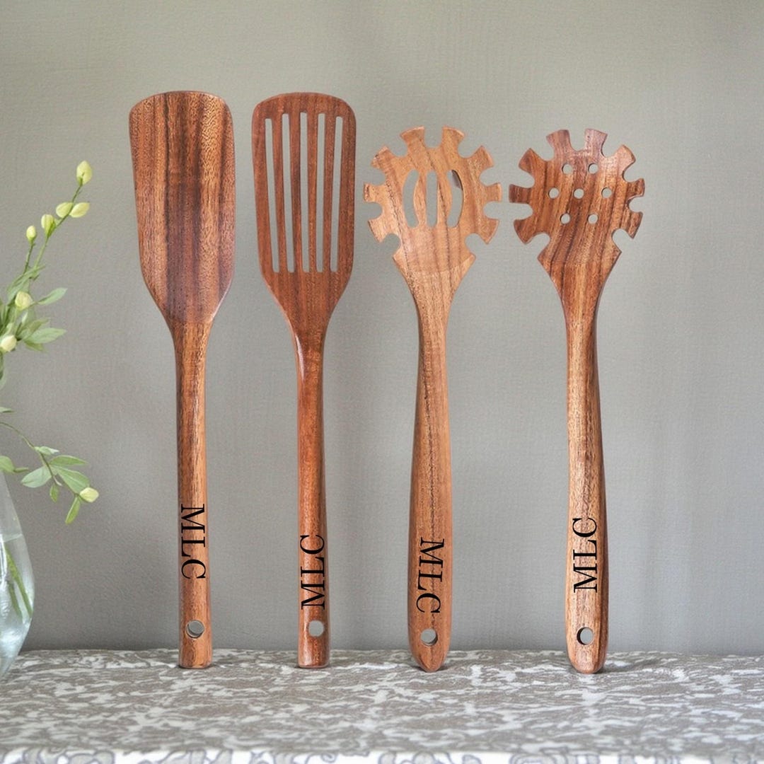 Personalized Teak Wooden Spatula Set, Custom Engraved Cooking Utensils ...