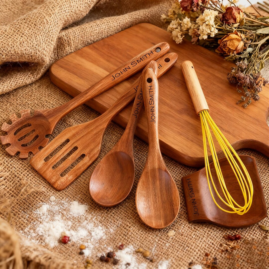 Personalized Teak Wood Utensil Set – Handmade Spatula & Spoon Set - Etsy