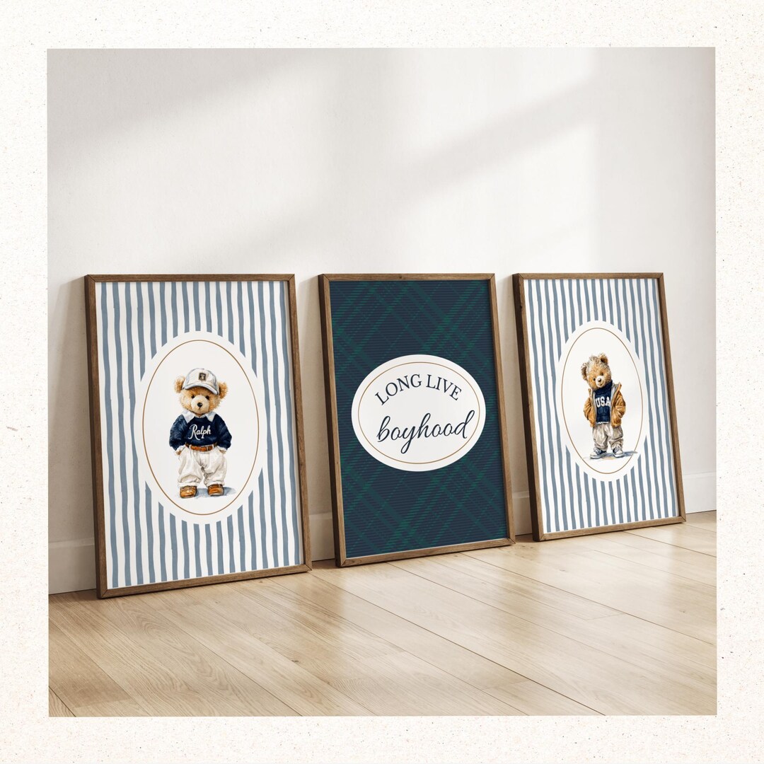Set of 3 Wall Art, Ralph Lauren Style Bear Prints, Teddy Bear Wall Art ...