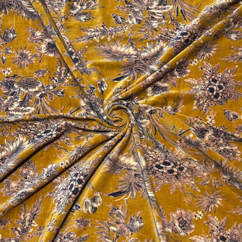 Mustard Yellow Floral Velvet Fabric | Upholstery & Sewing - Etsy