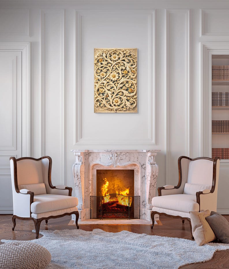Mughal Arabesque Canvas Art, Indian Floral Scroll, Teal Ivory Gold ...