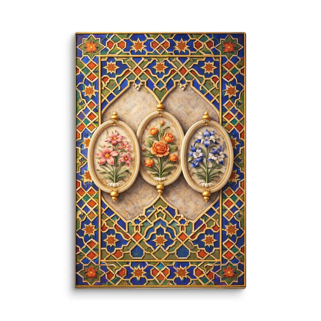 Mughal Floral Cartouche Wall Art, Blue Gold Jali Pattern Canvas, Indian ...