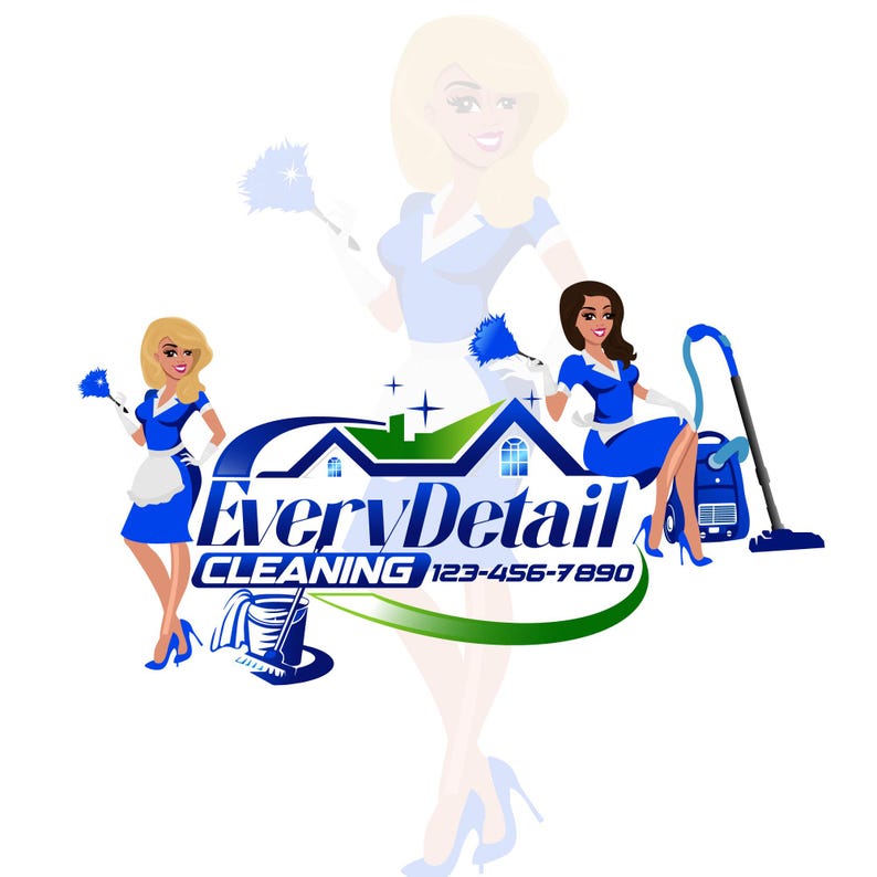 Cleaning Service Logo Design – Cartoon Maid, Housekeeping Branding - Etsy