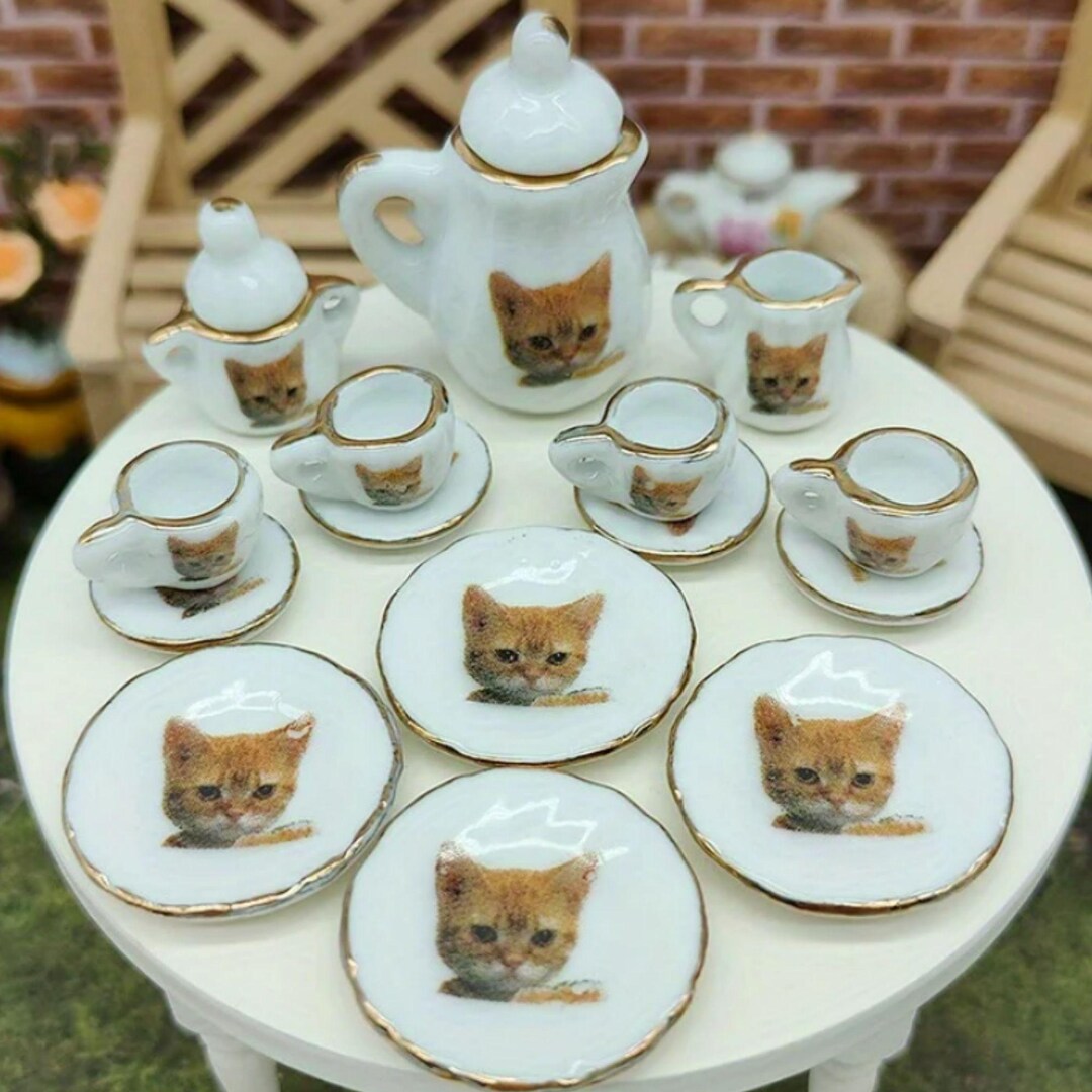15pc Mini Cat Tea Pot & Dish Set for Dollhouse Decor Fans | Cat Pattern ...