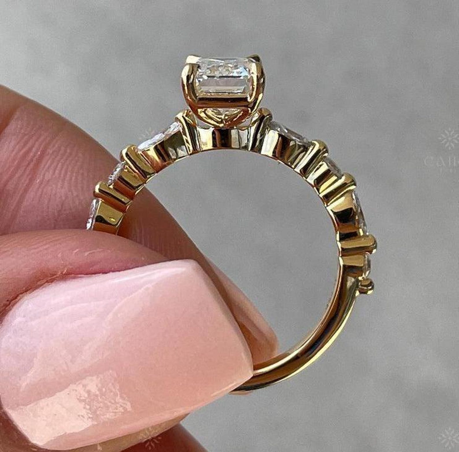 2.5 CT Emerald Cut Lab Diamond Engagement Ring Set: Yellow Gold, Hidden ...