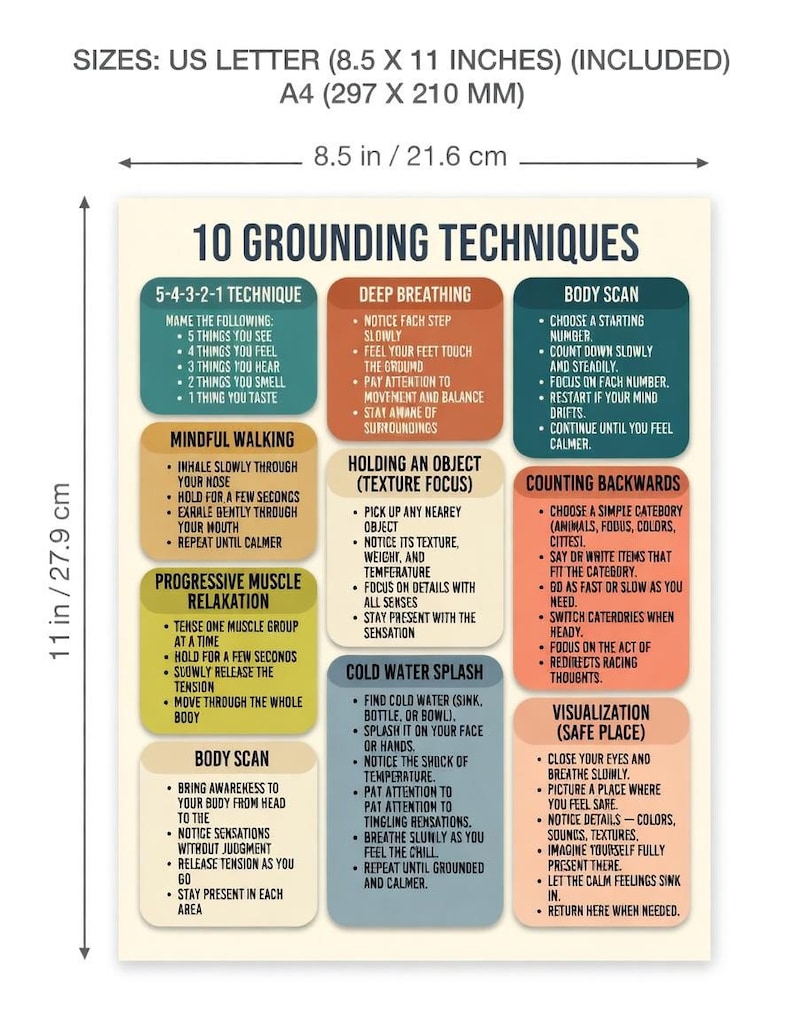 Grounding Techniques Cheatsheet, Anxiety Relief Guide, Stress ...