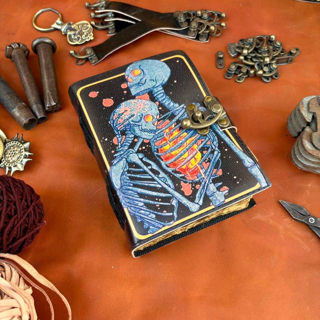 Skull Leather Grimoire Journal, Witchcraft Spellbook, Book of Shadows ...