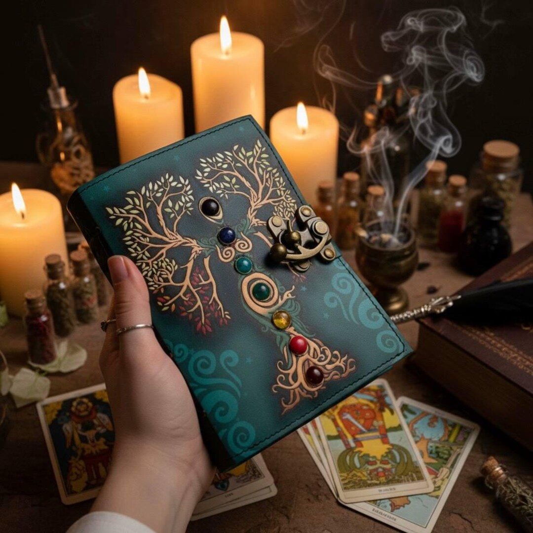 Leather Grimoire Journal, Mother Earth Spellbook With Stones - Etsy