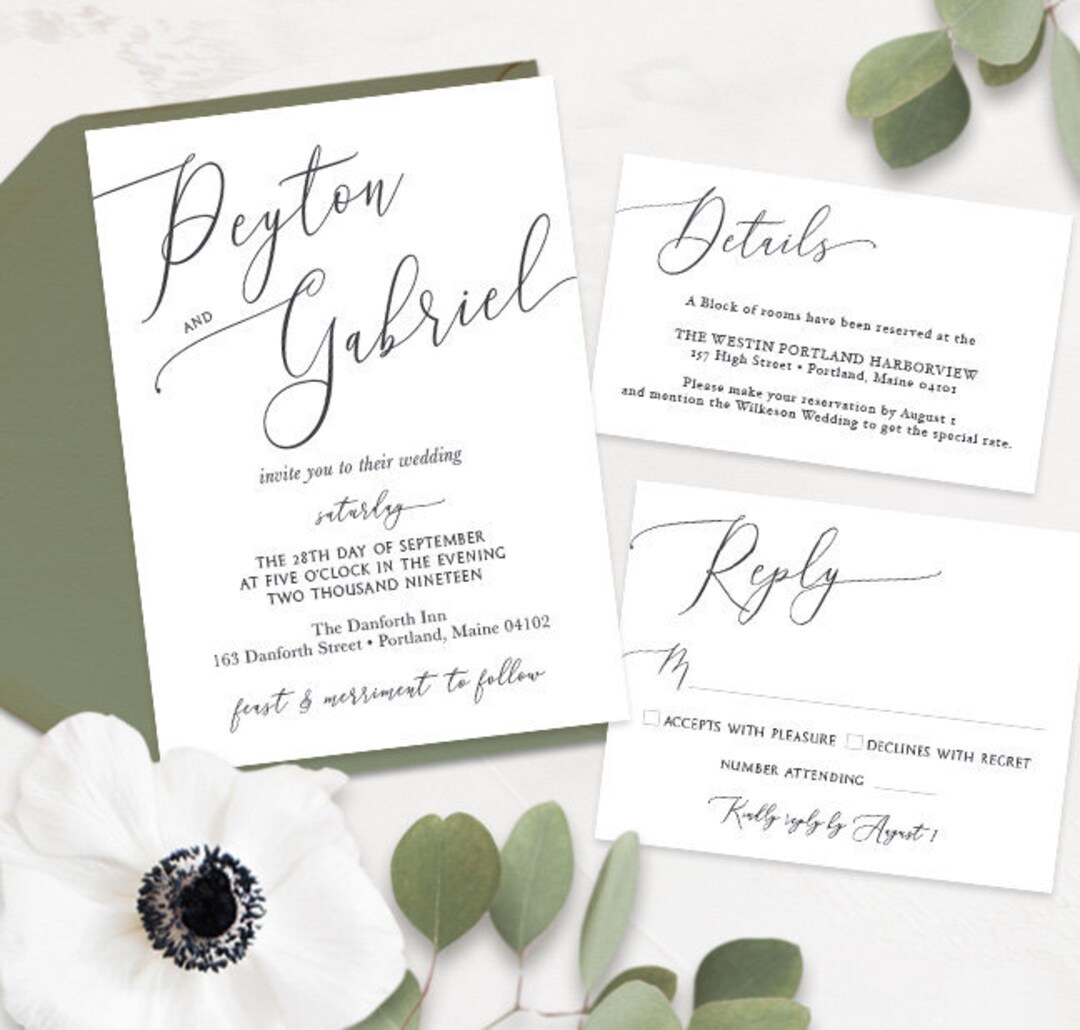 Large Script Names Wedding Invitation, Reply Card, and Details Card Set ...