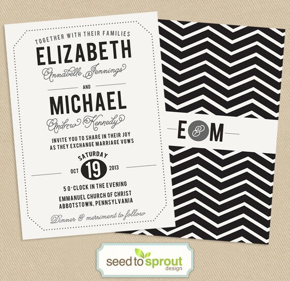 Chevron Wedding Invitation Double Sided Printable 5x7 Vintage | Etsy