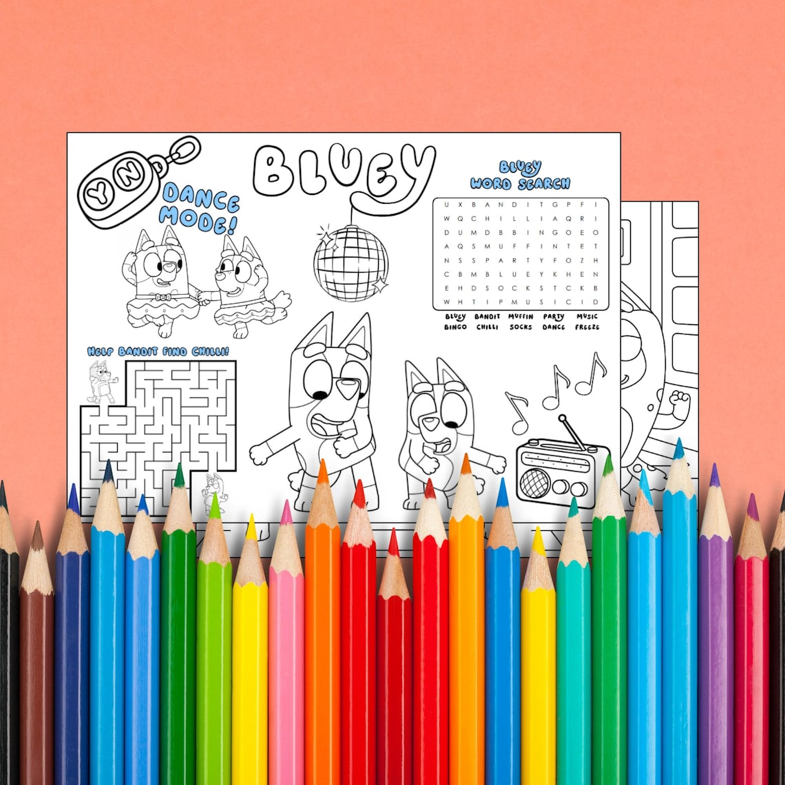 Bluey Themed Activity Placemat, Bingo Coloring Sheet, Includes a ...