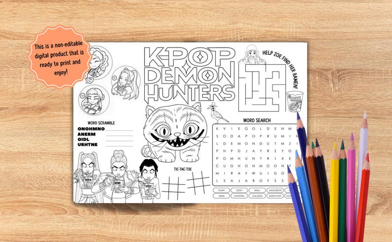 K-pop Demon Hunters Activity Placemat Sheet With Rumi Zoey Mira Colouring In, a Fun Maze Puzzle ...