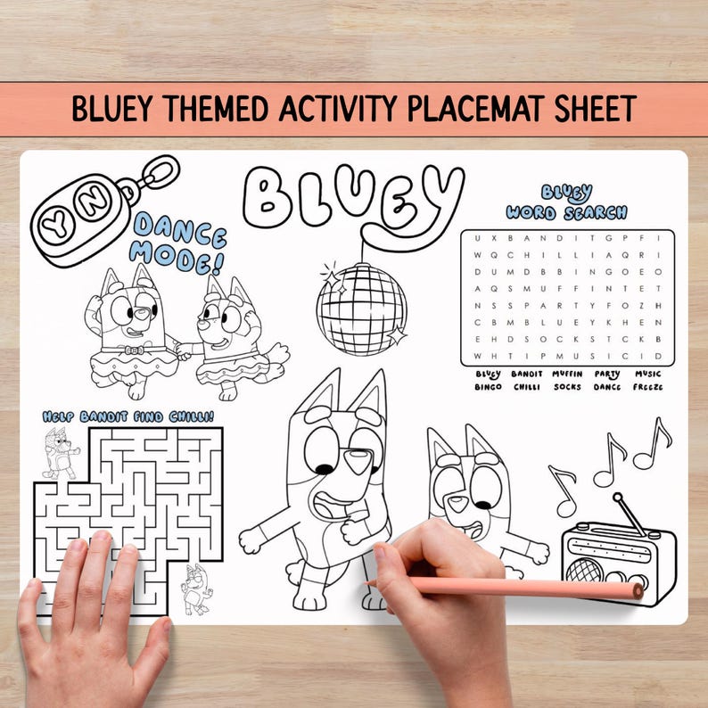 Bluey Themed Activity Placemat, Bingo Coloring Sheet, Includes a ...